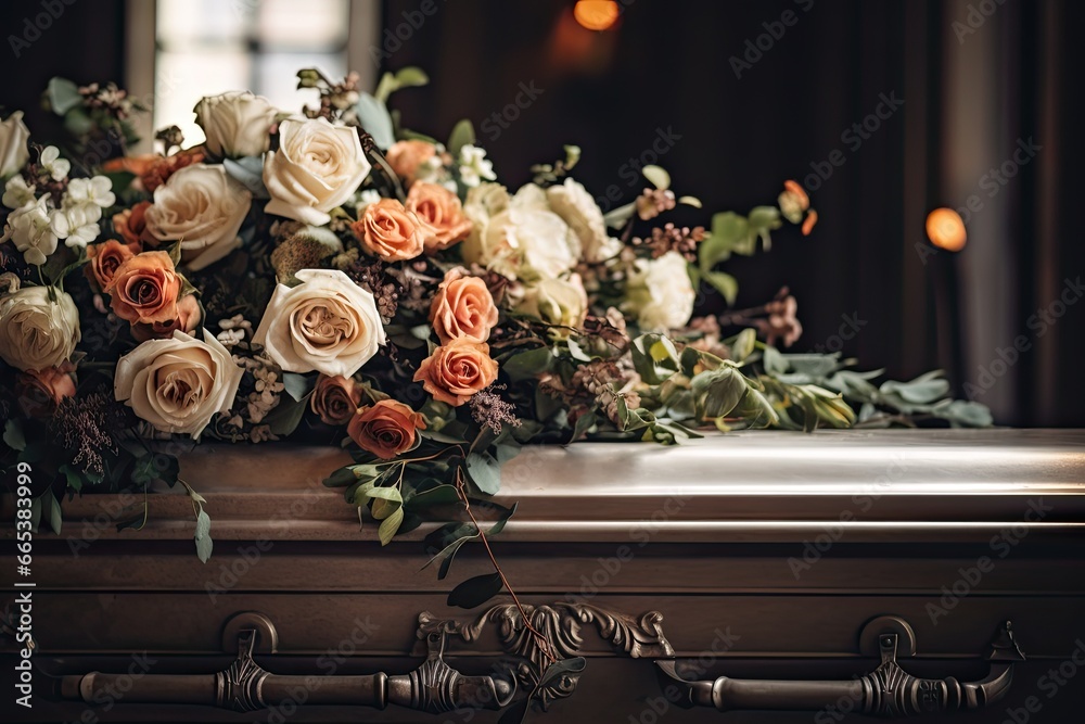 Eternal farewell. Funeral scene with casket and flowers. Mourning in ...