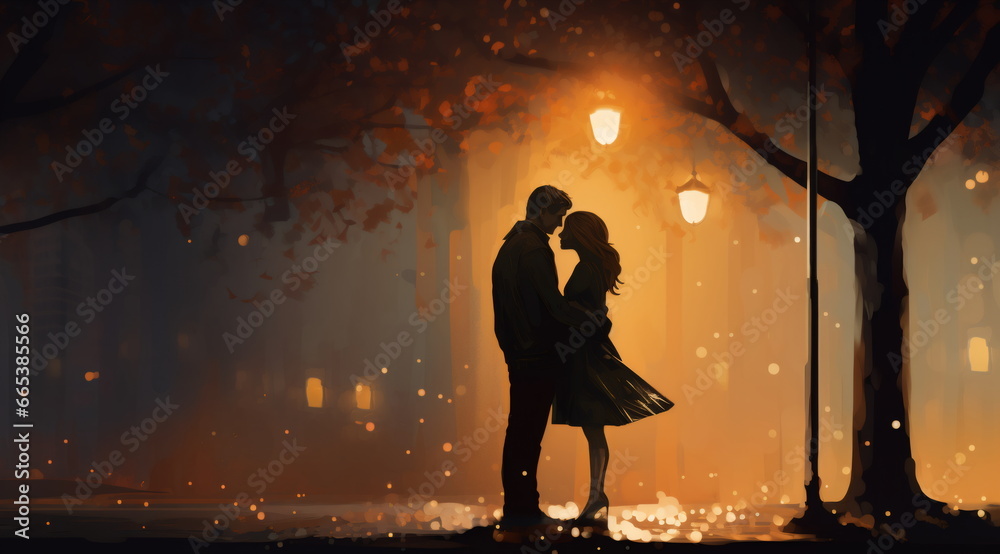 Nostalgic Animated Couple Kissing Under Lights in Light Teal and Amber ...