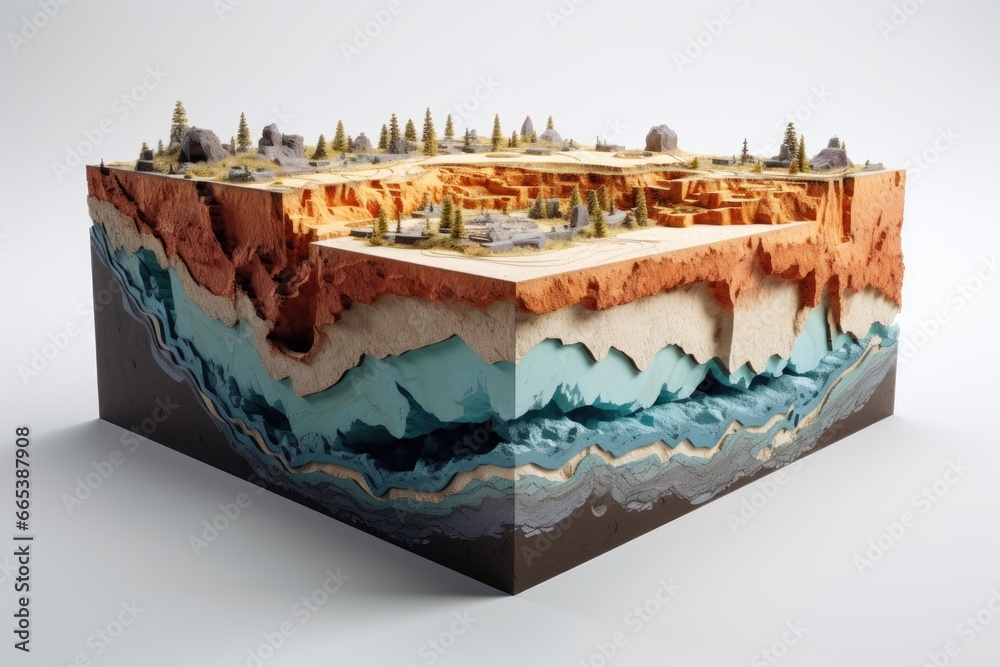 3D model cross section of land and river See the soil layers, rock ...