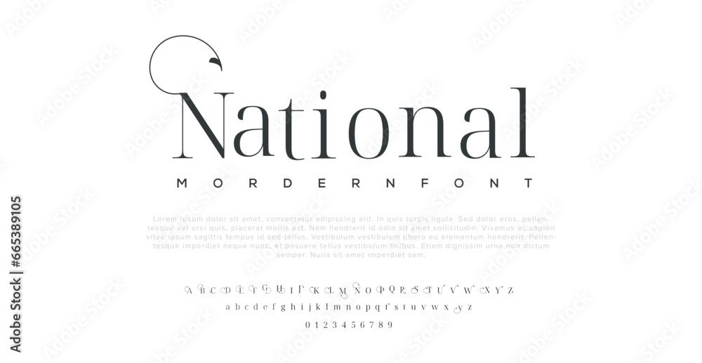 National Classic typography serif font. Uppercase, lowercase, ligatures ...