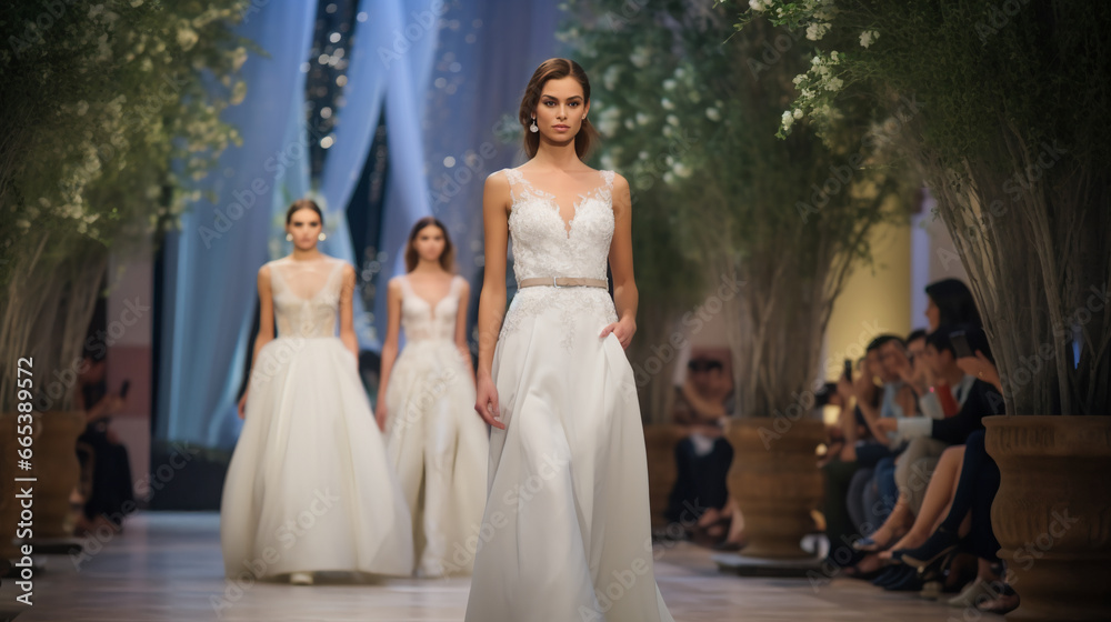Wedding Model. Female models walk the runway in beautiful stylish white ...