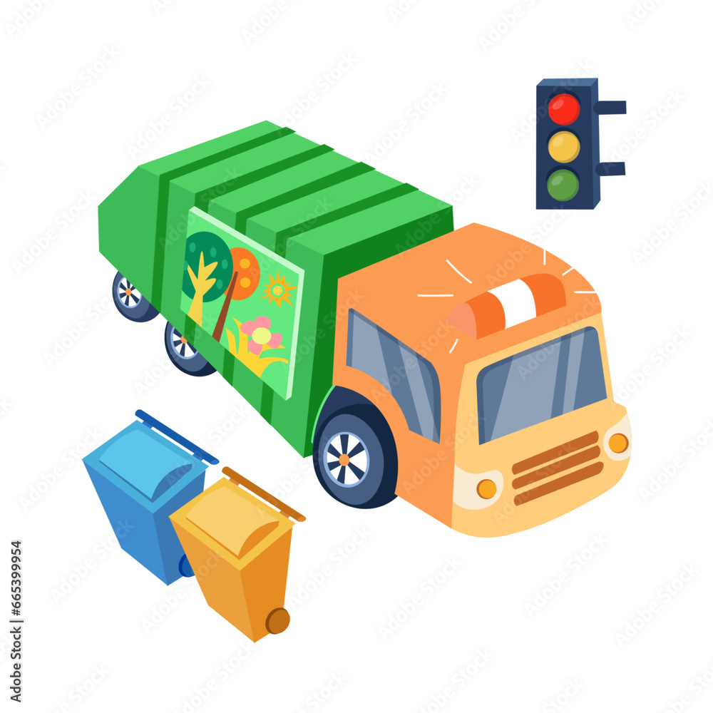 Rubbish truck with containers and traffic lights. Transport in cartoon ...