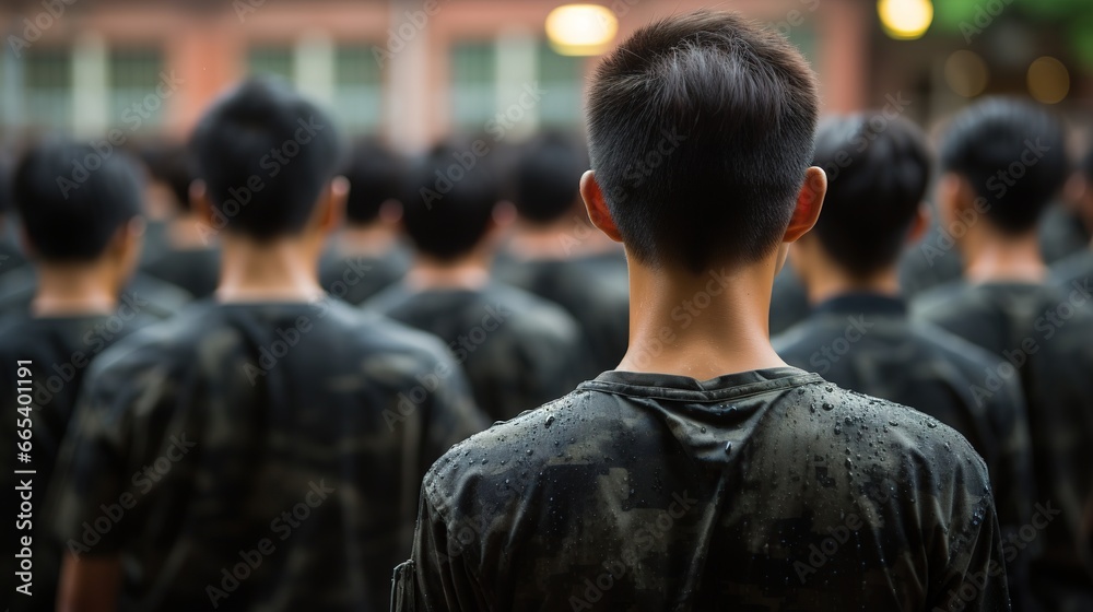 students attending military training, dressed in military uniforms ...