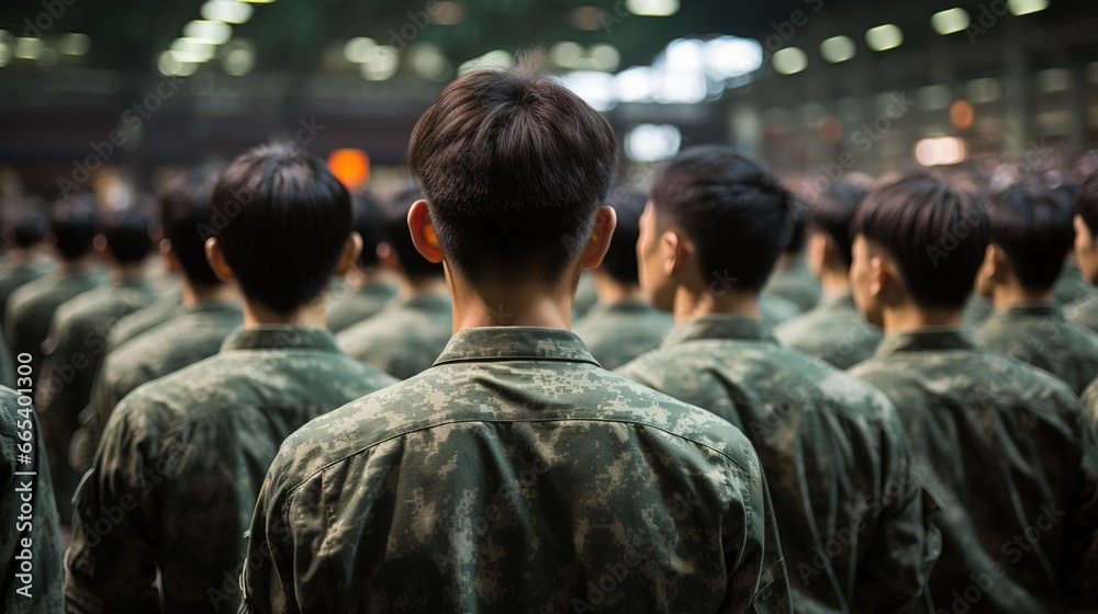 students attending military training, dressed in military uniforms ...