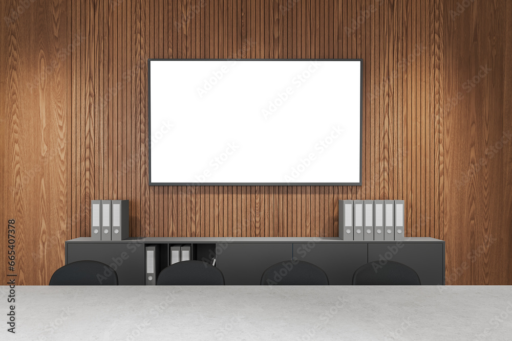 Modern office room interior with meeting table and mock up tv screen ...