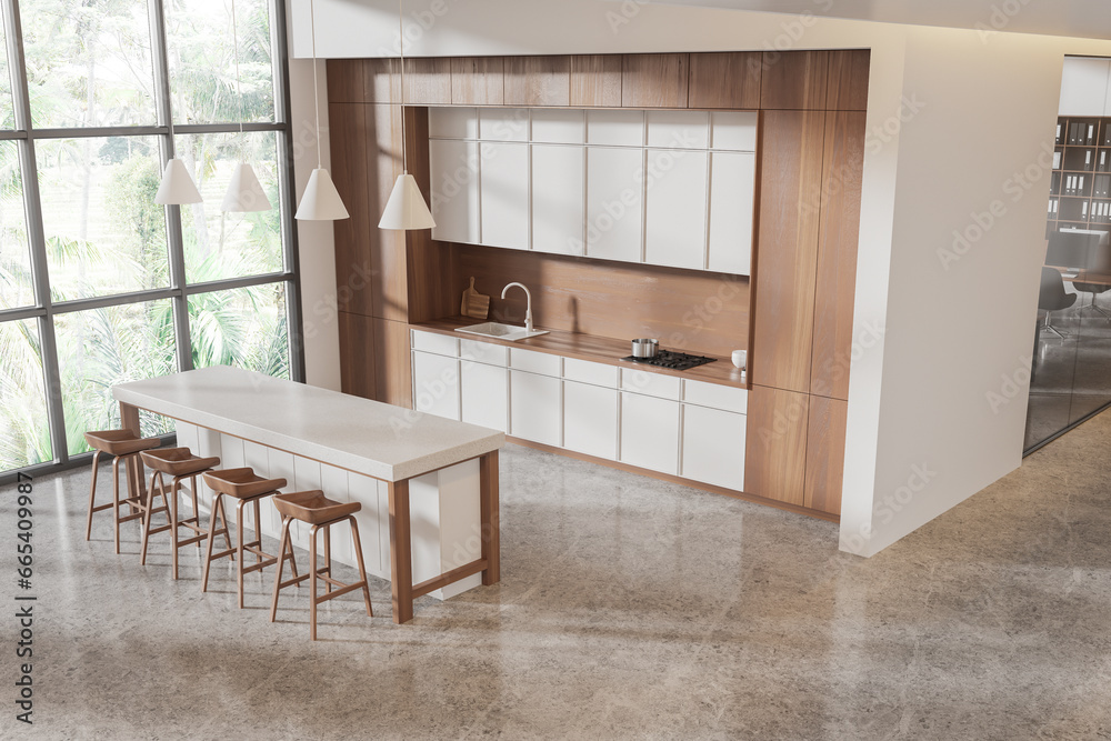 Top view of office interior with cooking cabinet, bar counter and ...