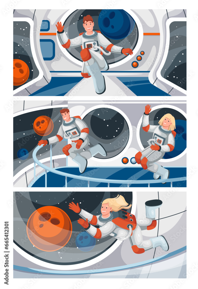 Astronaut flying in zero gravity inside spaceship set vector illustration. Cartoon scenes from ...
