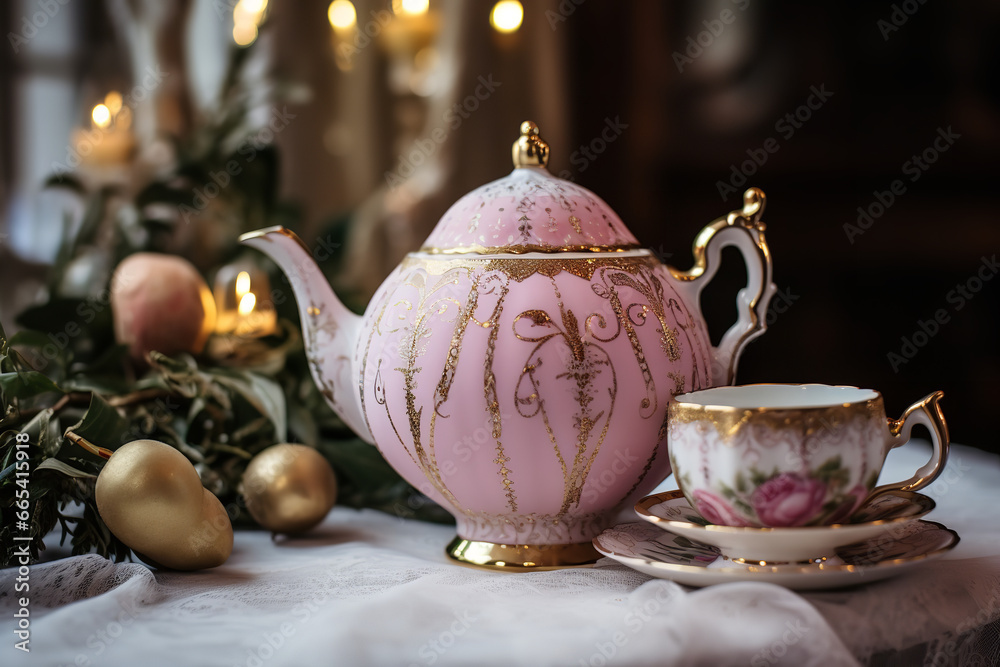 Foto de Detailed structure of a traditional English tea set, capturing ...