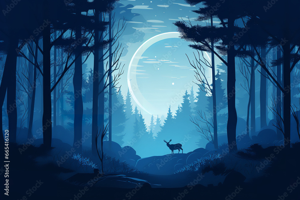 Hyperdetailed vector wallpaper of a moonlit forest clearing with deer ...