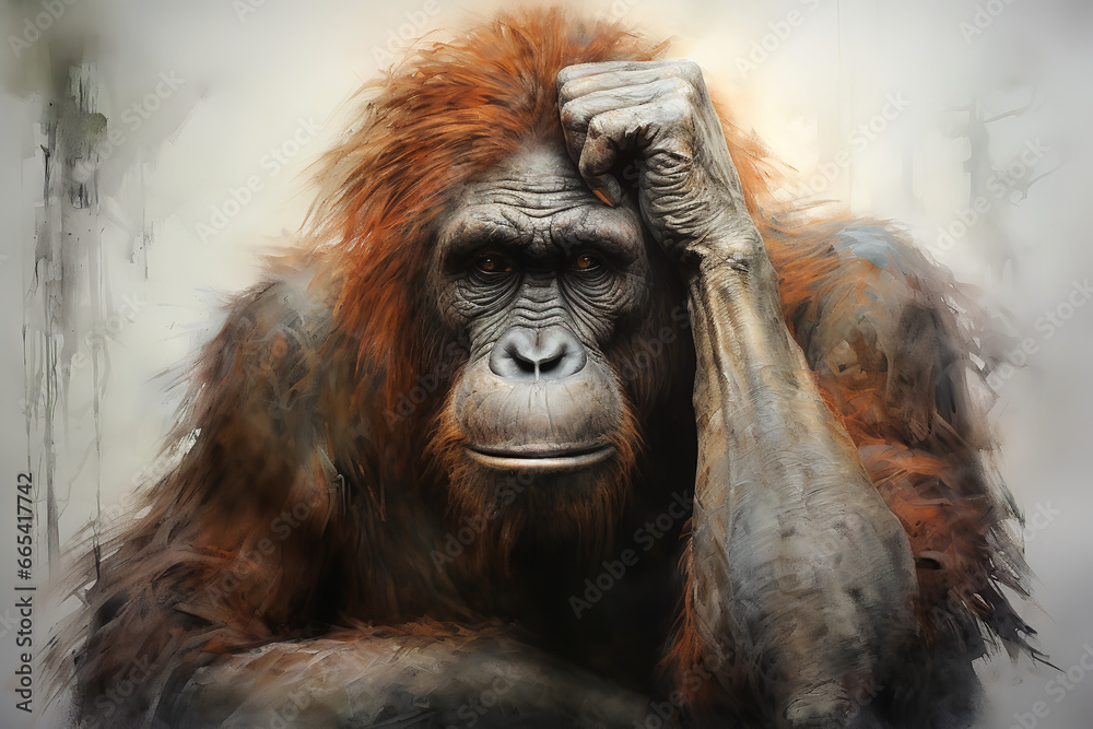 the beautiful african orangutan, in the style of melancholic symbolism ...