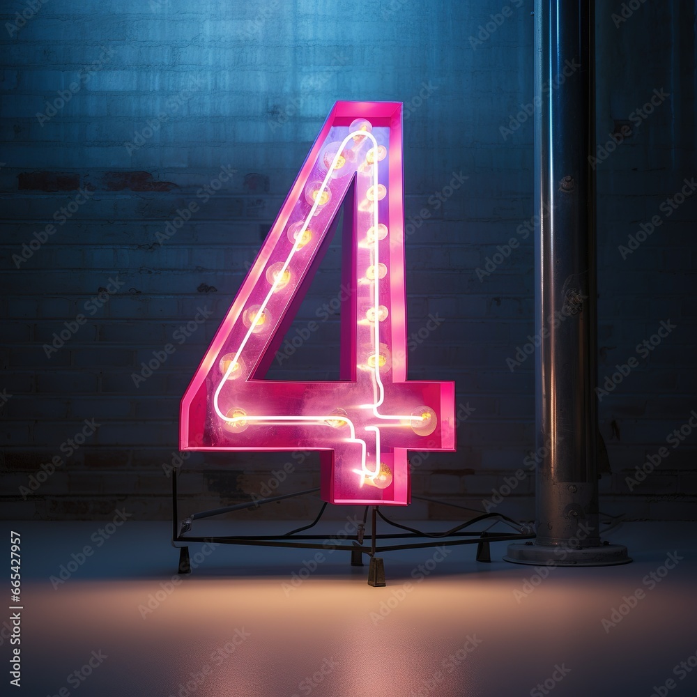 Number 4 four. Futuristic neon font, digital glowing symbol, logo on ...