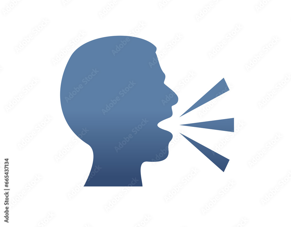 The vector gradient dark blue silhouette of speaking person head icon ...