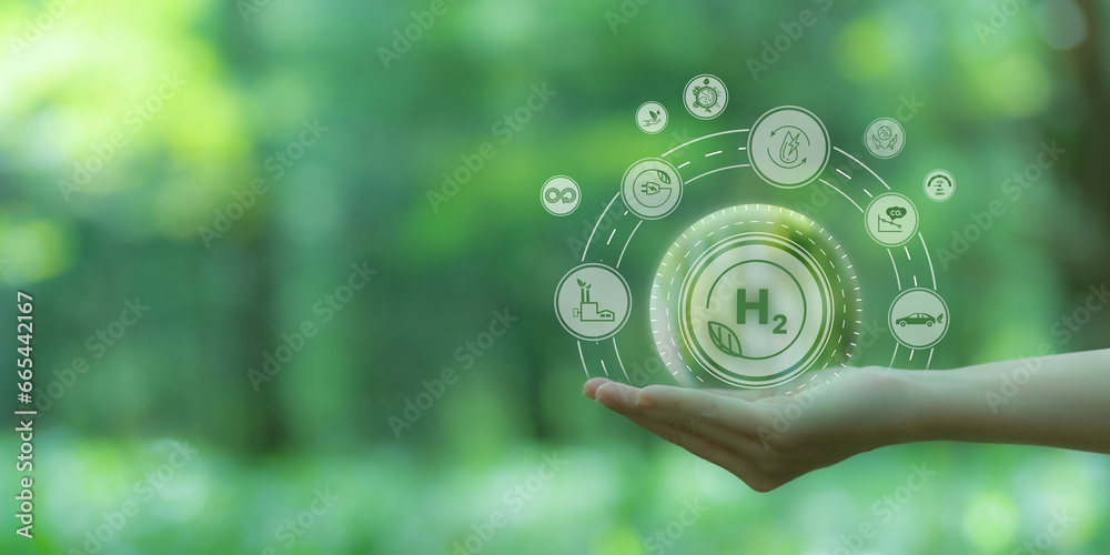 Clean hydrogen energy, H2 concept. Environment, eco friendly industry ...