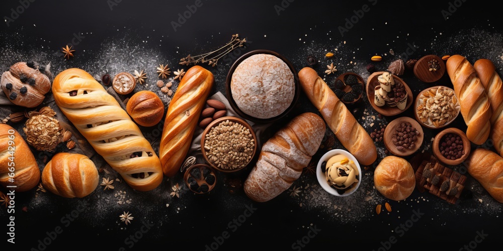 Bakery - various kinds of breadstuff. Bread rolls, baguette, bagel ...
