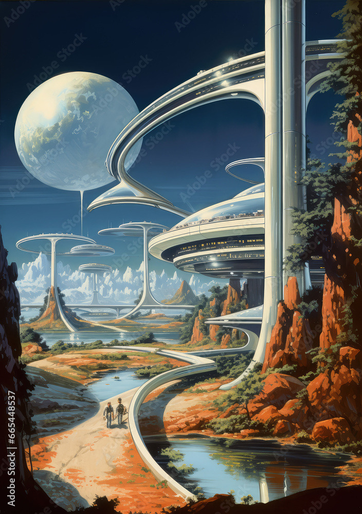 Celestial Metropolis: A 1970s Style Futurism Poster Design Envisioning ...