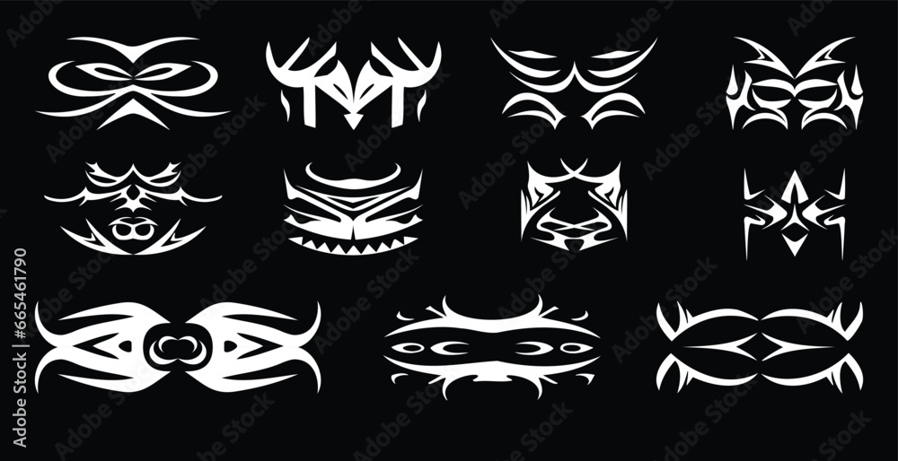 Set of White illustration of black gothic tribal symbol tattoo designs ...