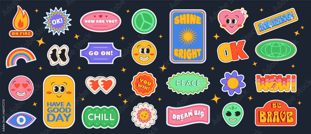 Retro Y2K sticker set with smile faces, characters, badges and small ...