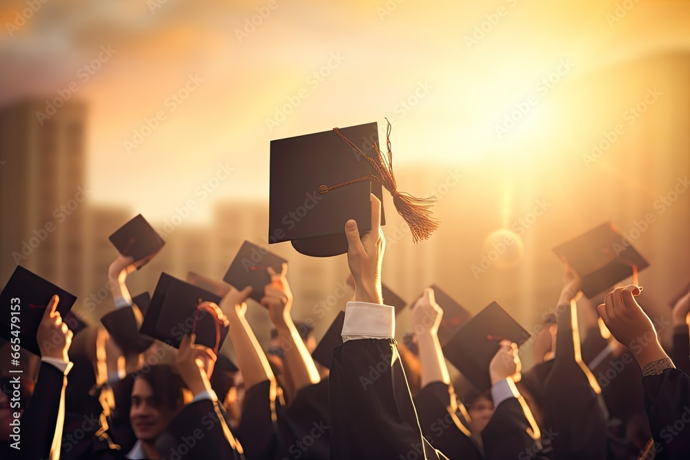 Graduates holding mortarboard and diploma at graduation ceremony ...