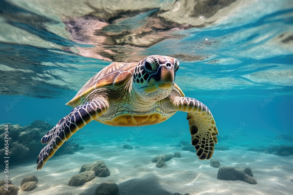 Hawaiian Green Sea Turtle Eretmochelys imbricata swimming underwater ...