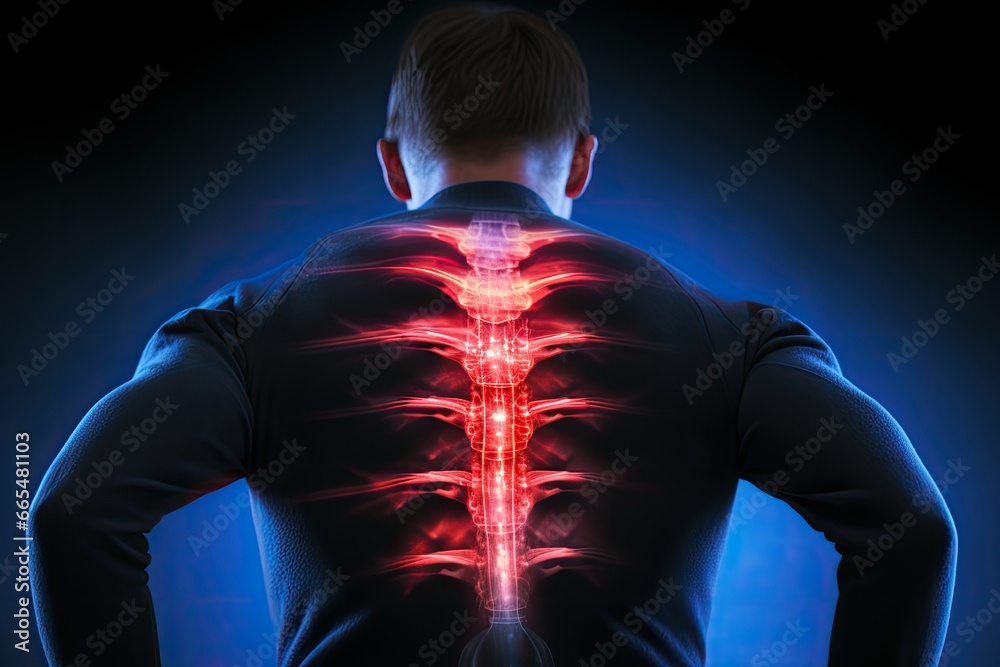 Digital composite of highlighted spine of man with back pain against ...