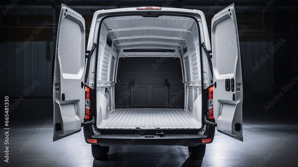 Huge, clean and empty white delivery commercial vehicle trunk in ...