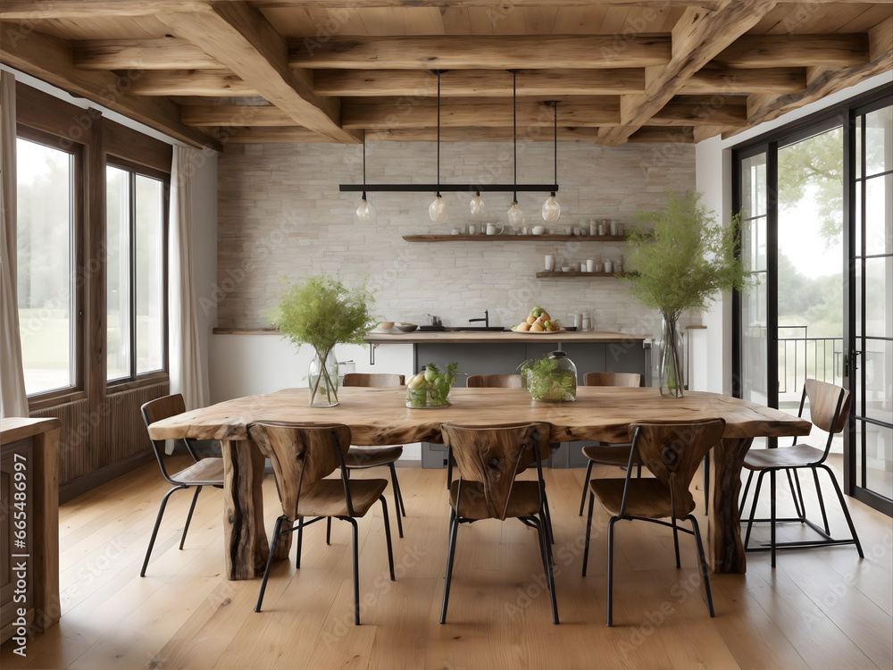 Interior design of a modern dining room featuring a rustic live edge ...