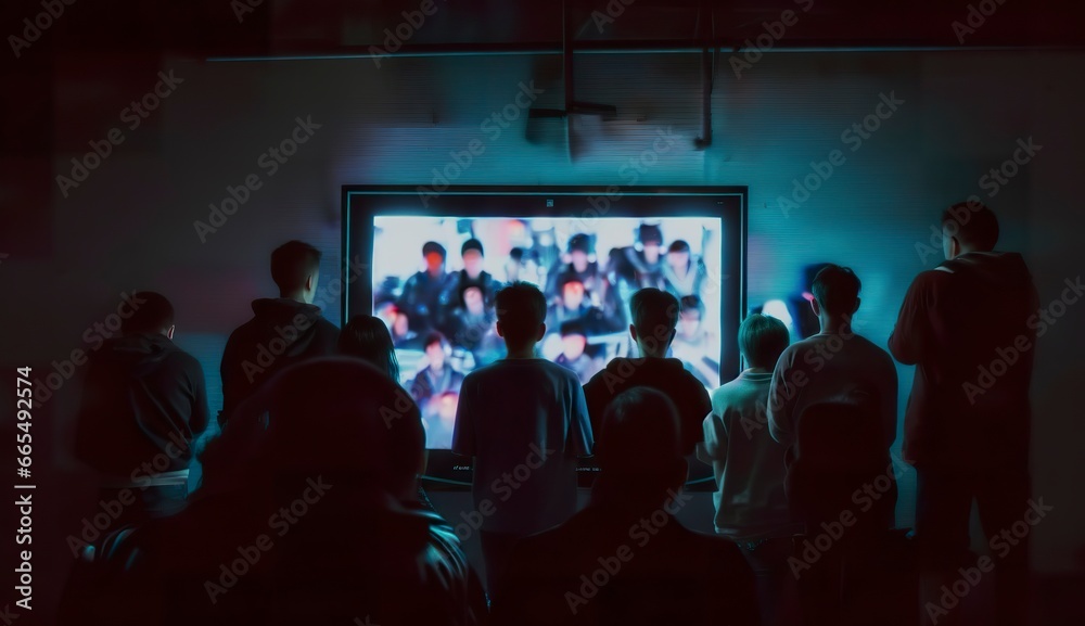 People crowd watching TV. TV addiction, propaganda and fake news ...