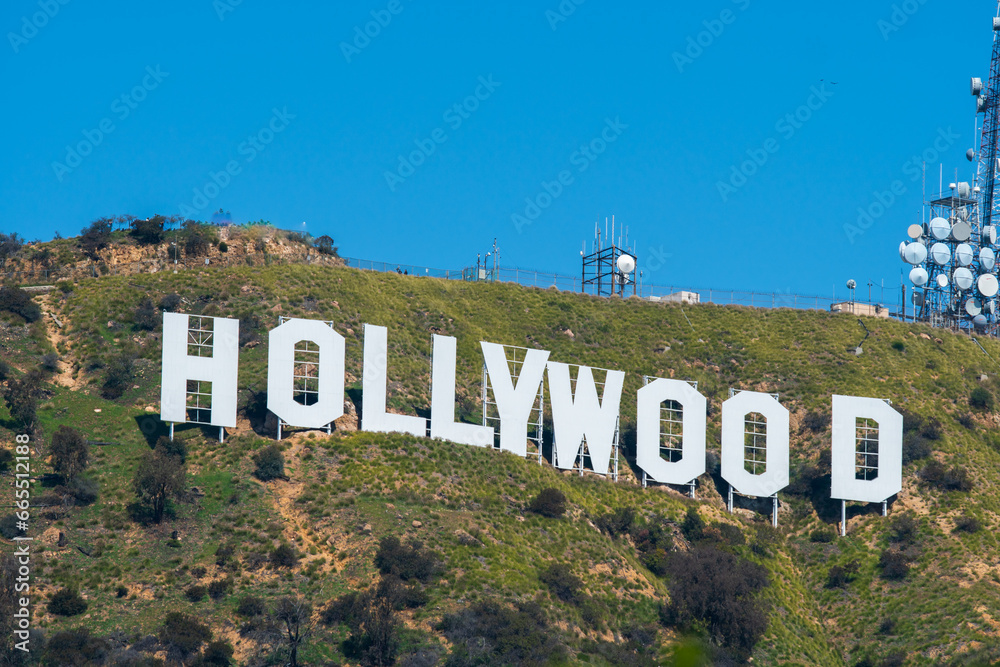 Hollywood sign. Afternoon view of the famous Hollywood Sign, Mt Lee and ...