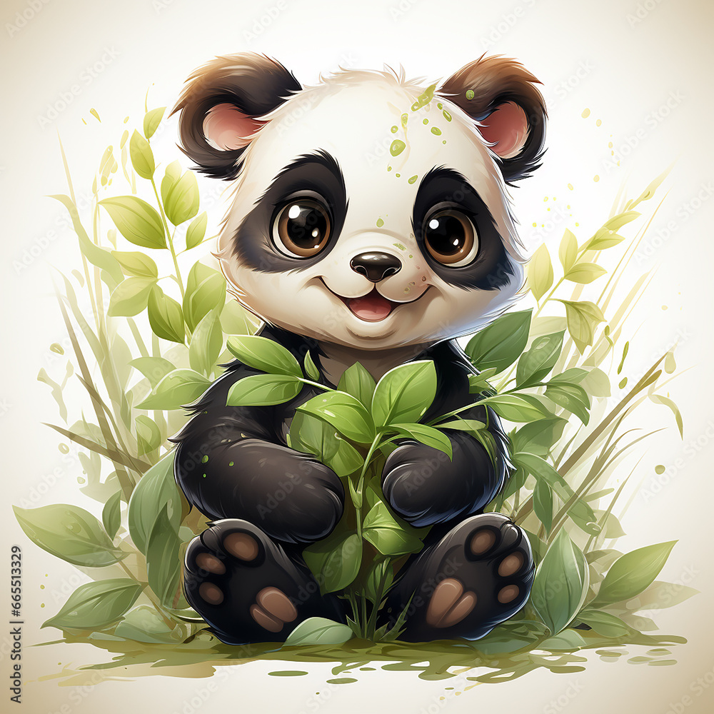 Sweet drawing of a cute little smiling panda, contentedly munching on ...