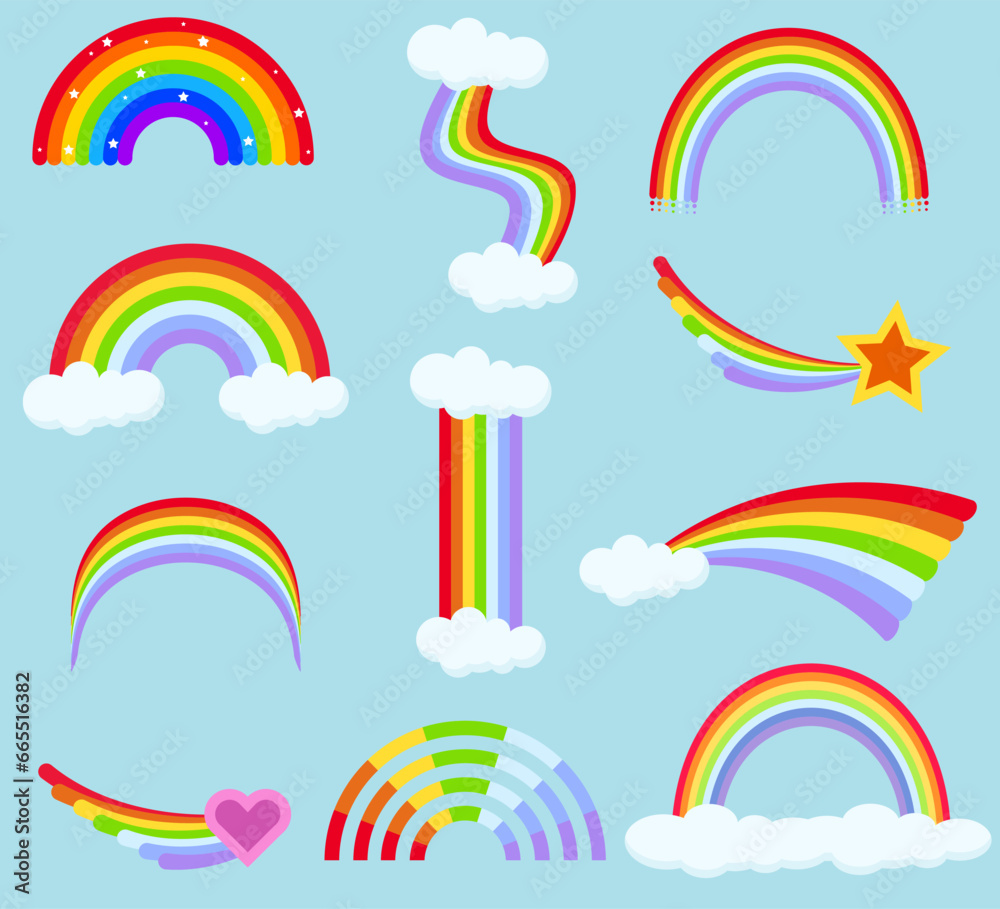 Collection of vector rainbows. Set rainbows with sun, clouds, rain in ...