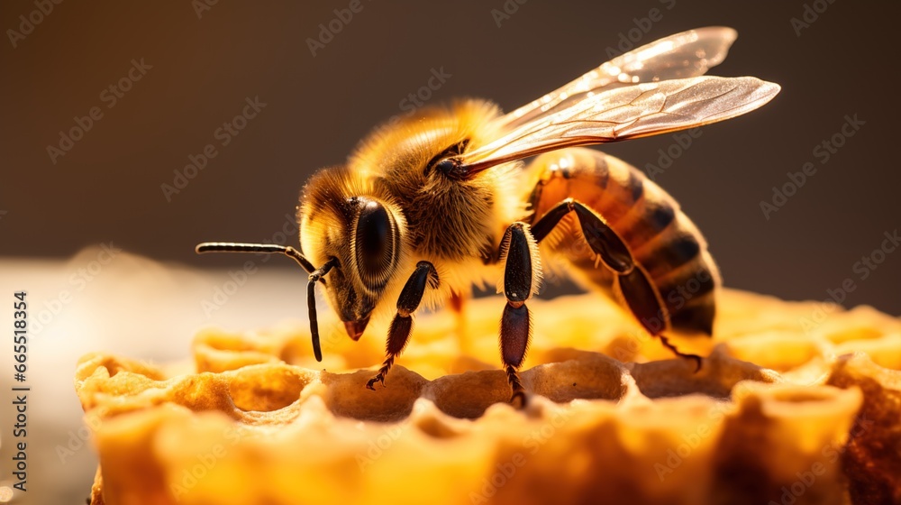 Golden color Honey bee worker with translucent wings, big black eyes ...