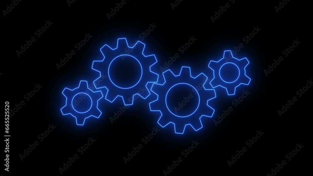 Neon animation of four gears mechanism on black background. Gear ...