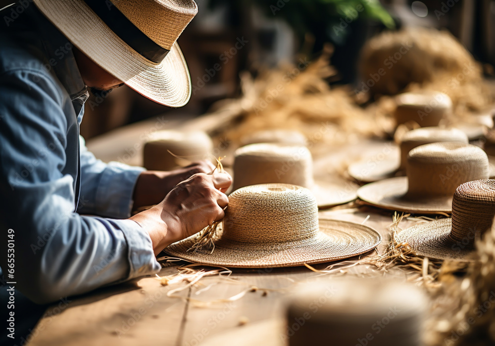 Craftsman making straw hats. Handmade. Traditional crafts. AI generated ...