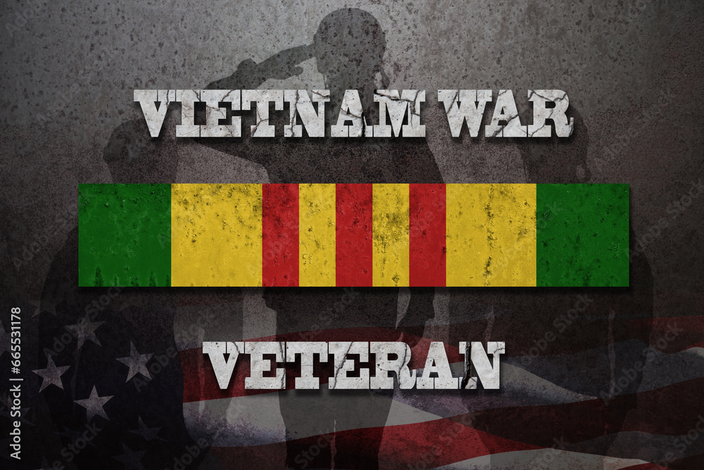 Silhouettes of soldiers saluting and Vietnam Campaign Ribbon with ...