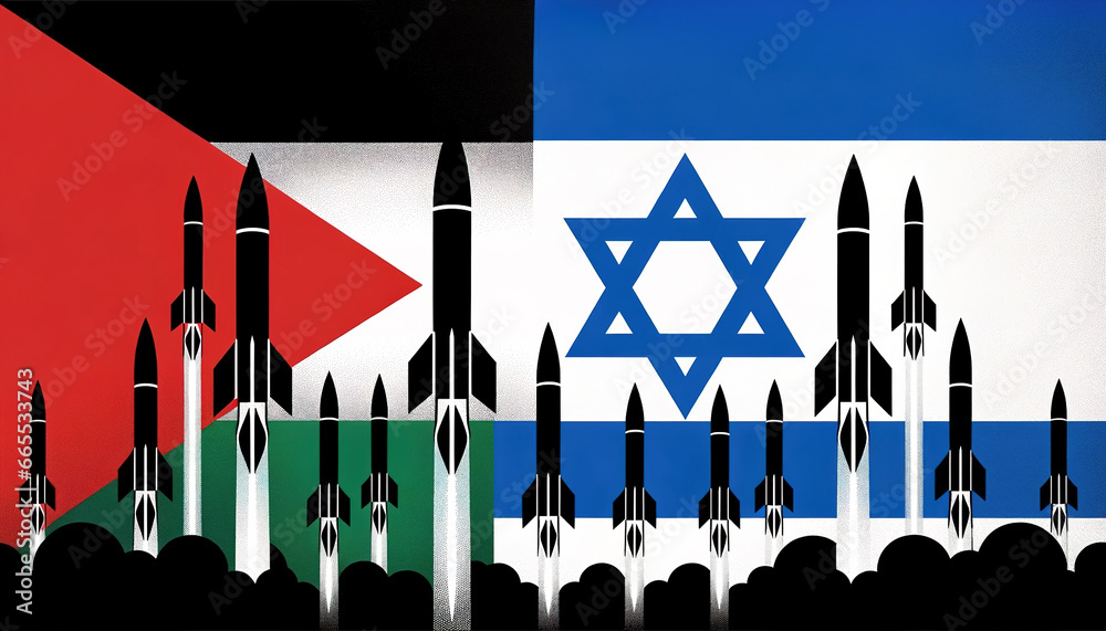 Israel vs Palestine National Flags With Flying Rockets. Palestinian ...
