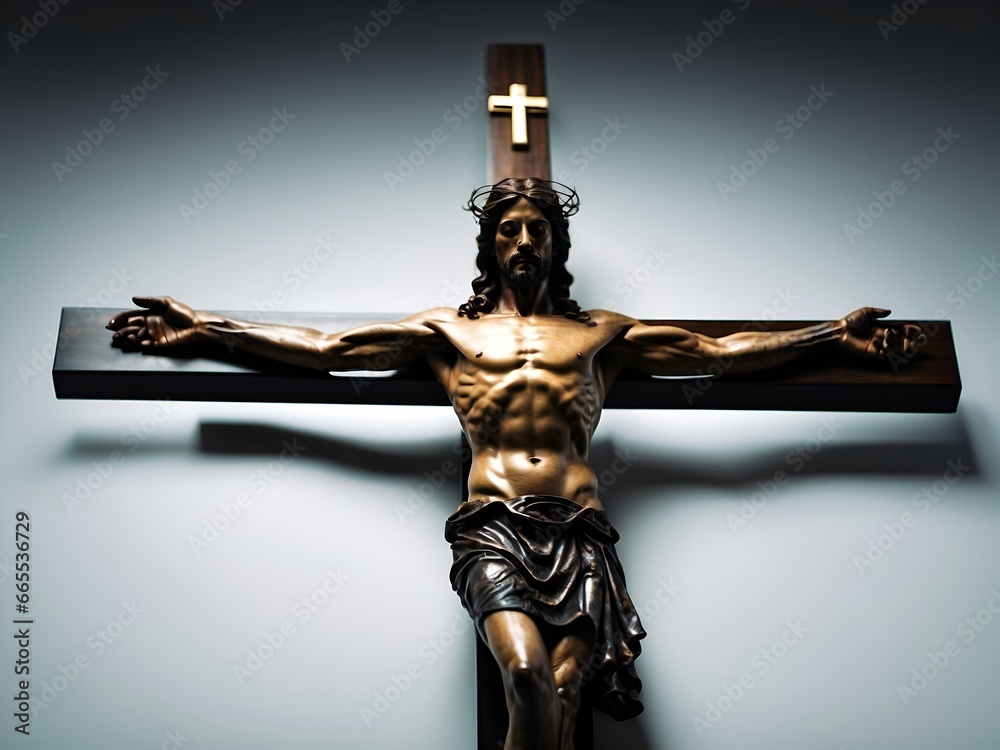 Jesus Christus am Kreuz aus Holz ist ein kirchliches Symbol der ...
