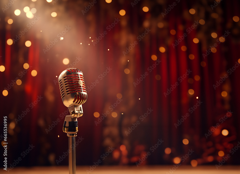 Retro style microphone on red curtain background, bokeh background ...