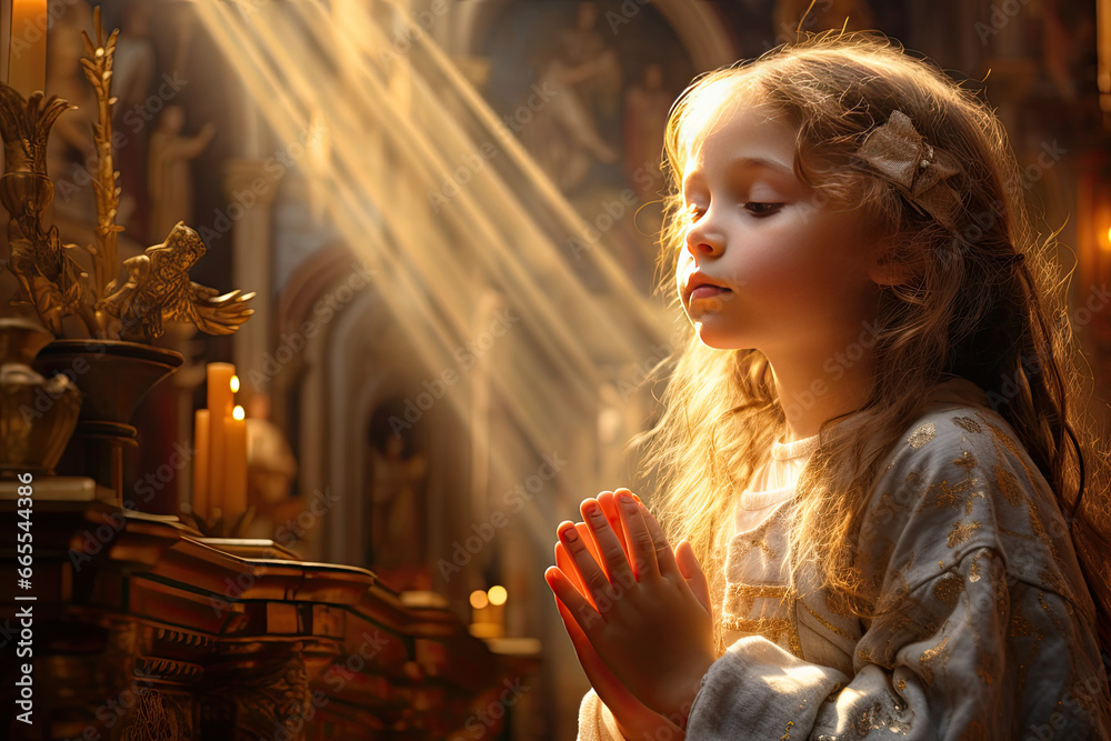 beautiful young girl in white dress praying under sunlight in church ...
