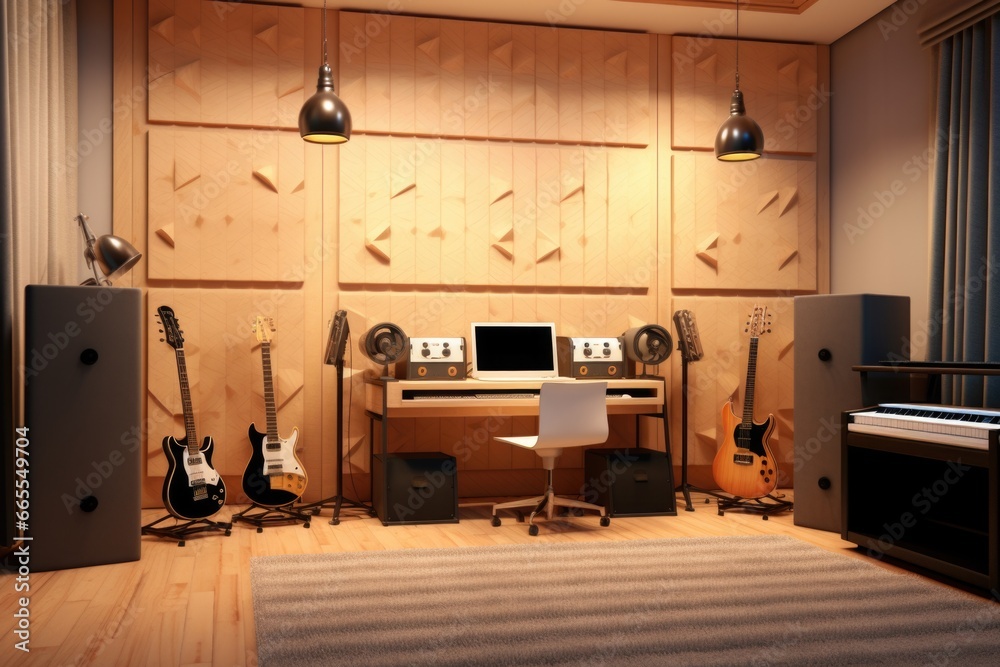 A room with a desk featuring speakers and a keyboard. This image can be ...