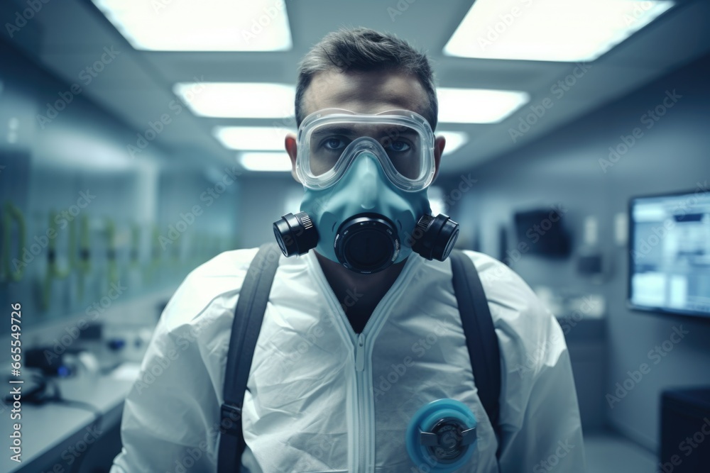 A man wearing a gas mask is pictured in a laboratory. This image can be ...