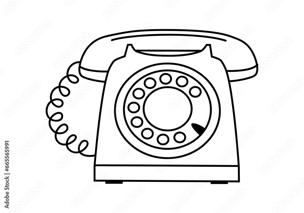 Hand drawn cute outline illustration of blue retro wired phone. Flat ...