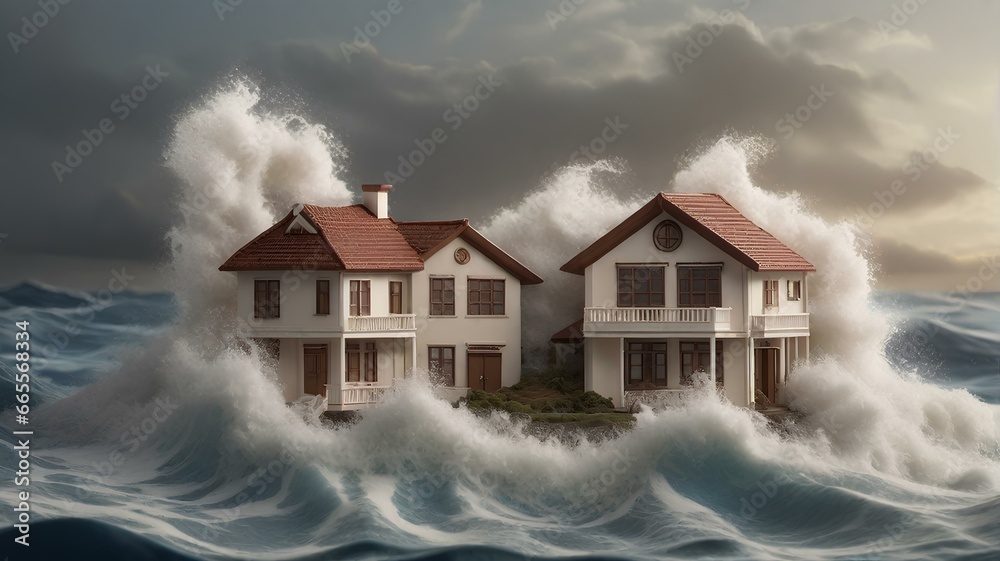 巨大な津波。パーフェクトストーム。 大波。住宅のミニチュア模型｜Huge tsunami. Perfect storm. Big waves ...