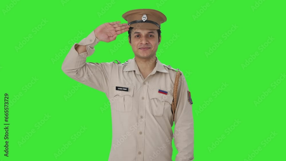 Happy Indian police officer saluting Green screen Stock Video | Adobe Stock