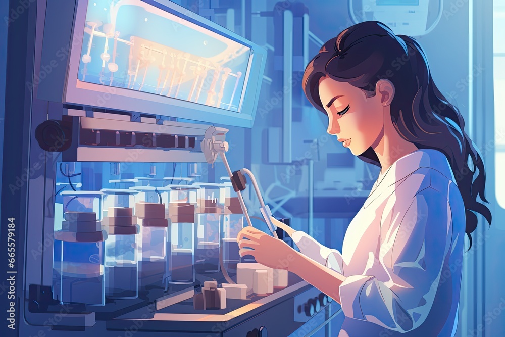 Scientist girl working in laboratory. Vector illustration in cartoon ...