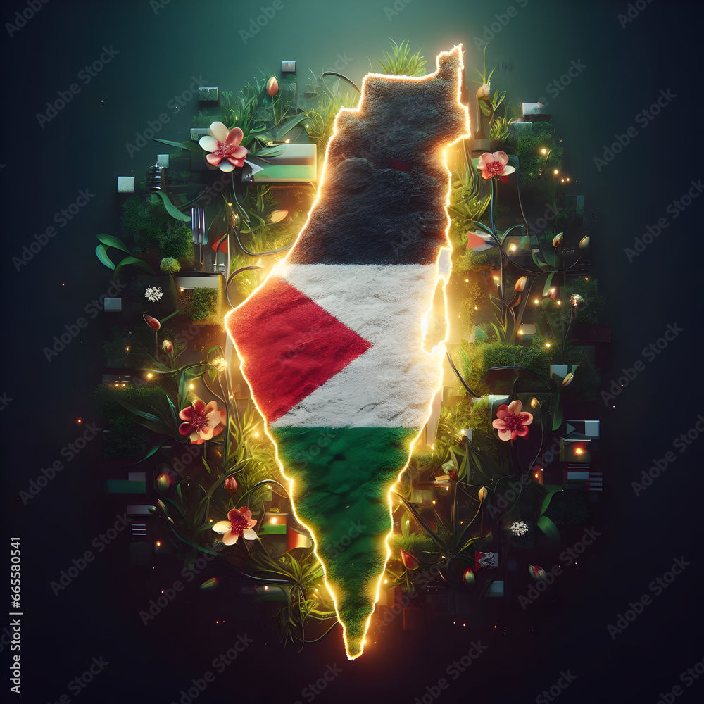 3d render of palestine map with flag inside with flowers and light ...