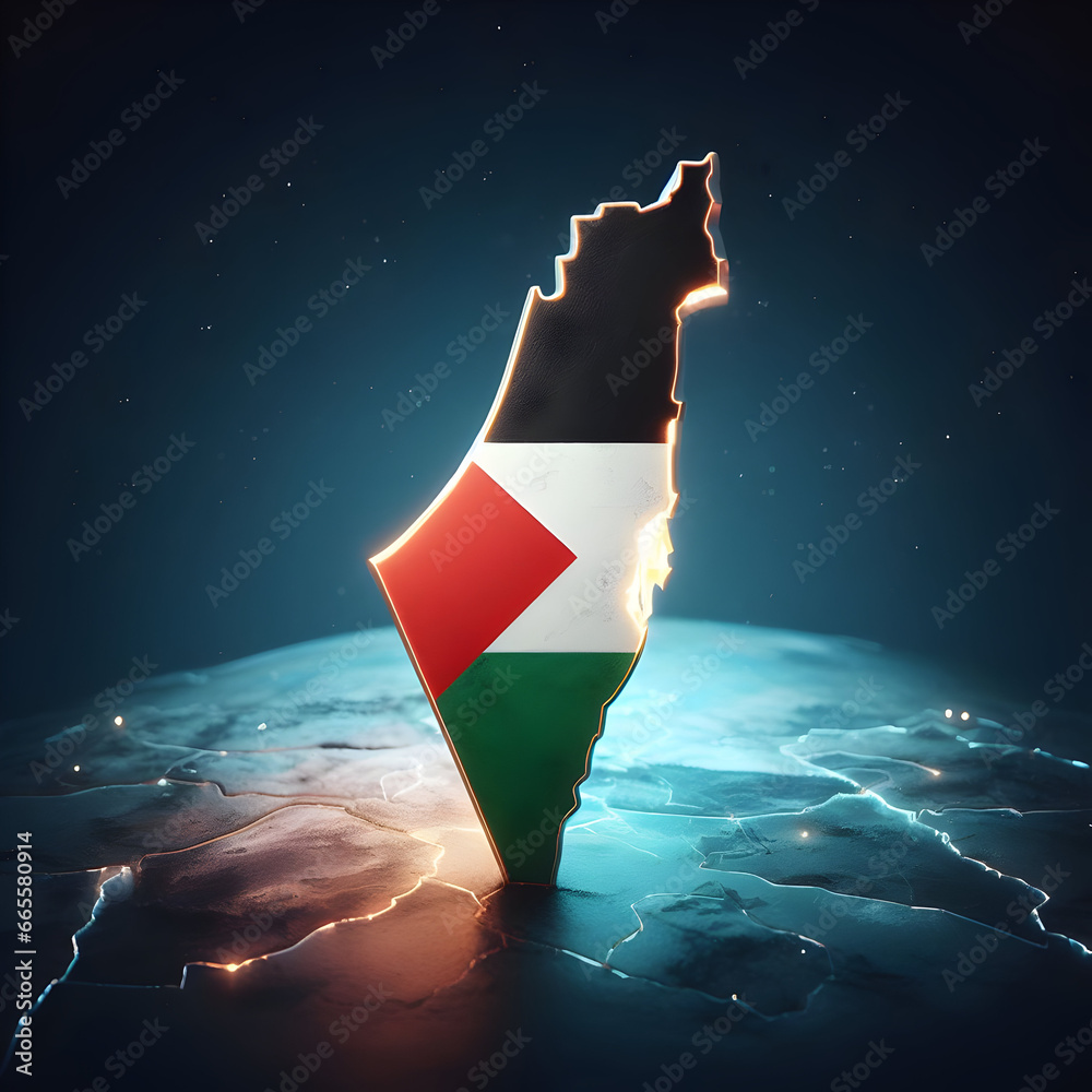 3d render of palestine map with flag inside with flowers and light ...