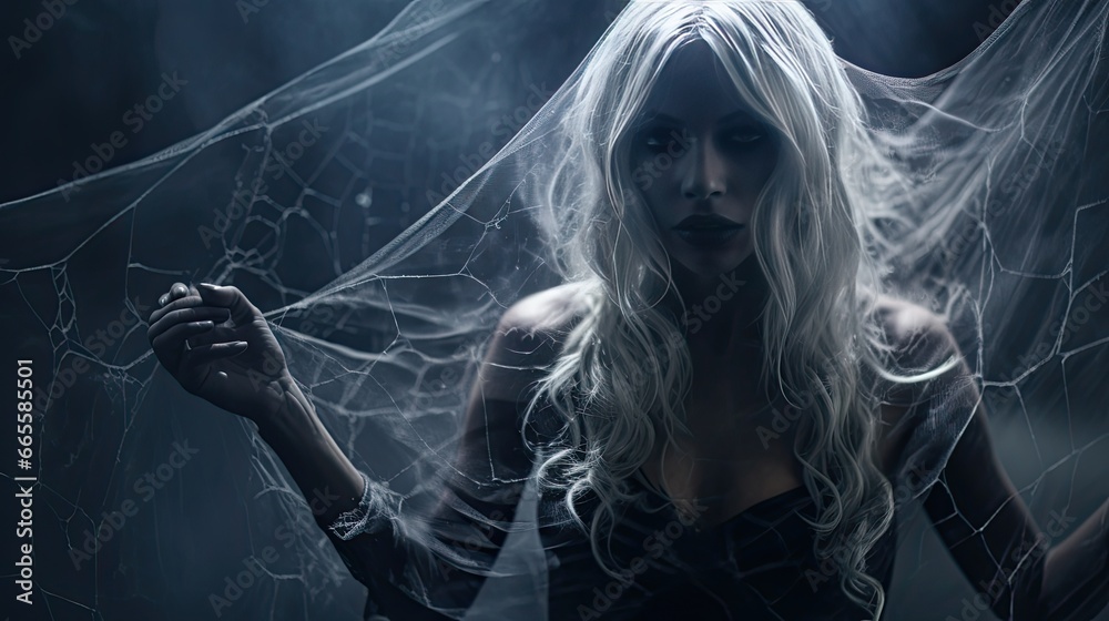 Cobweb Cloaked Witch: Capture a witch shrouded in cobwebs, her figure ...