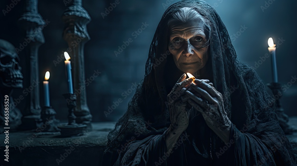 Crypt Keeper Witch: A witch lurking in a crypt, her posture hunched and ...