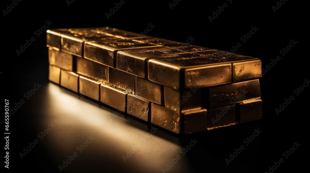 Opulence in darkness gleaming gold bars cast a radiant glow on a sleek ...