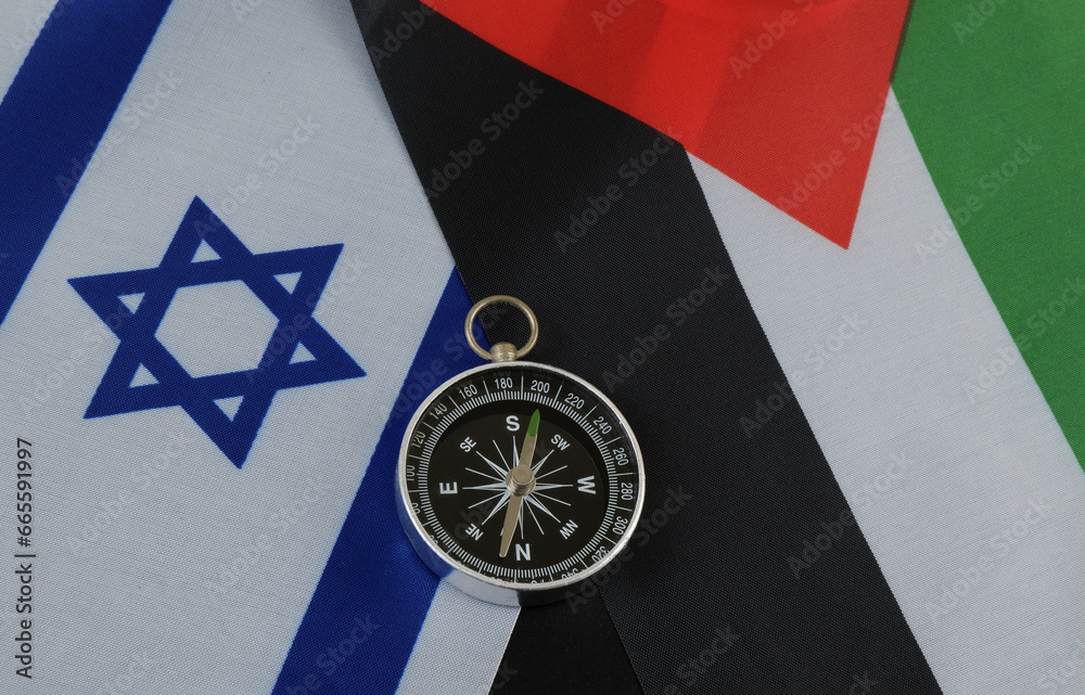 Compass on Israel and Palestine flags. Finding ay for peace between ...